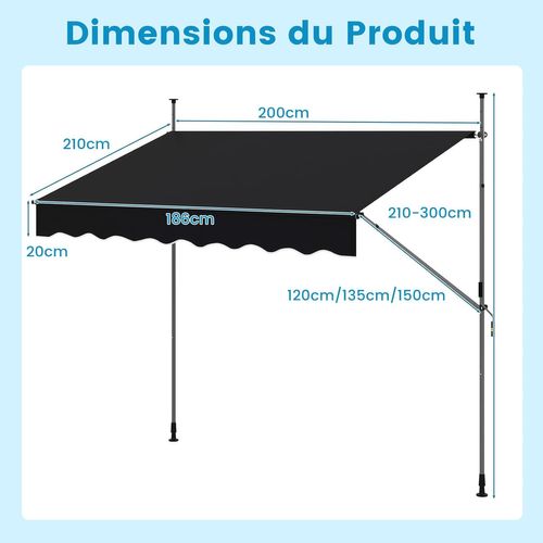 Store Banne Manuel Rétractable De 2 X 1,2/1,35/1,5m Avec Manivelle Hauteur Réglable 210-300cm ...