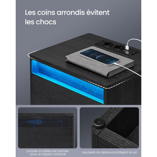 Table De Nuit Avec Multiprise Et Lumières LED Réglables, 2 Prises ...