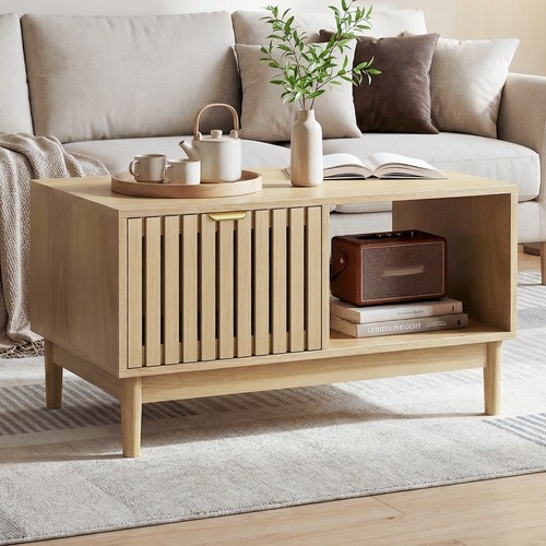 Table Basse 80x50x45 Cm Avec Rangement Porte à Lattes Mdf Chêne - Table ...