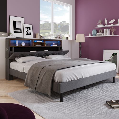 Lit Double 140x200 Cm Avec LED Et Tête De Lit Coffre Rangement Gris - BUT
