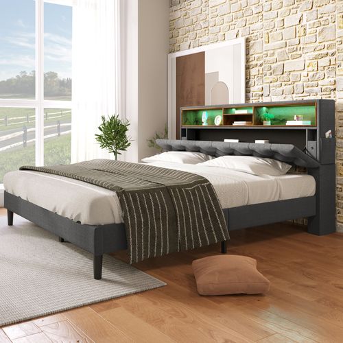 Lit Double 140x200 Cm Avec LED Et Tête De Lit Coffre Rangement Gris - BUT