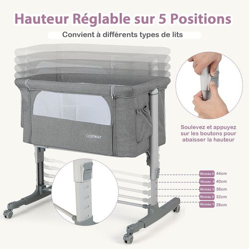 Lit Cododo Bébé 3 En 1 Avec Hauteur Réglable 5 Niveaux,charge 9kg, Gris ...