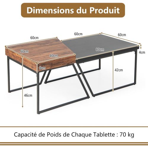 Lot De 2 Tables Basses Gigognes Avec Cadre Métal, 120 X 60 X 46 Cm ...