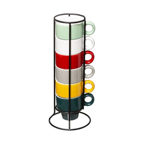 Lot De 6 Tasses à Café En Faïence Colorée Avec Rack En Métal - Bol ...