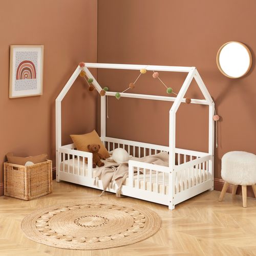 Lit Cabane Avec Barrières Tiny Pin Massif Blanc 70x140cm Sommier Inclus