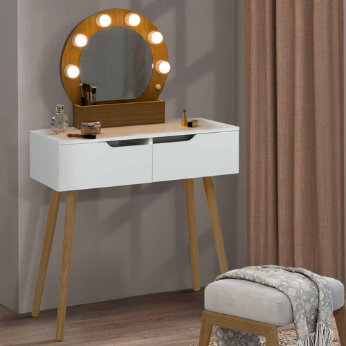 Coiffeuse Scandinave 2 Tiroirs Horia Bois Et Blanc Avec Miroir LED ...