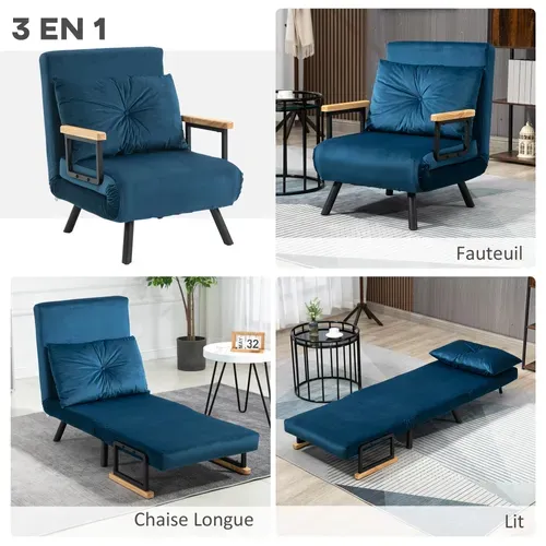 Fauteuil Convertible 3 En 1 Chauffeuse Lit Dossier Réglable Velours ...