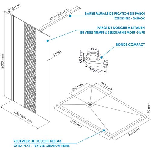 Pack Douche - Receveur Blanc 120x90cm + Paroi En 120cm + Barre De ...