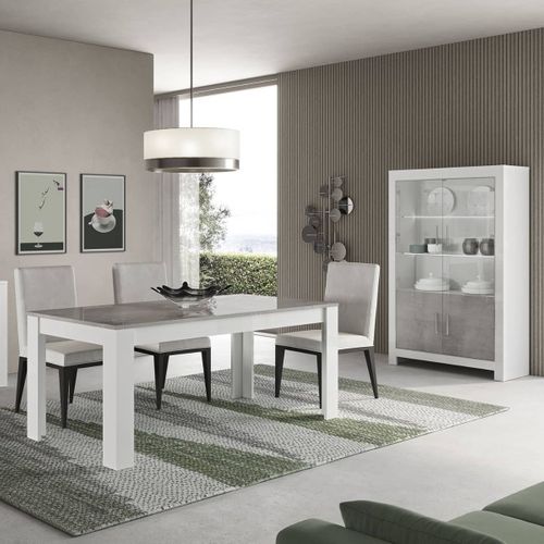 Denae - Ensemble Séjour Blanc Et Gris Marbré Table 190cm + Vitrine 4 ...