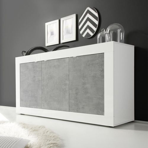 Otello - Buffet 3 Portes Finition Blanc Laqué Et Aspect Béton - Buffet BUT