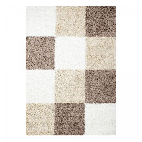 Tapis Poils Longs Shaggy 80x250 Rectangle Tissé Beige Et Marron Motif Damier - Tapis salon et ...