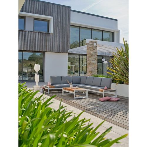 Salon De Jardin D’angle Valence 6 Places Aluminium Blanc Teck - Salon ...