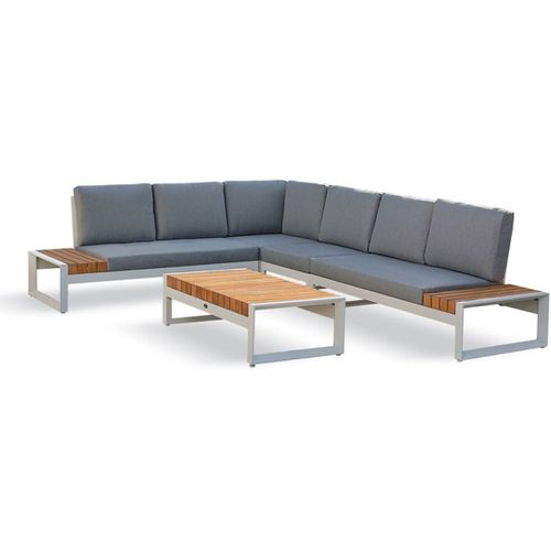 Salon De Jardin D’angle Valence 6 Places Aluminium Blanc Teck - Salon ...