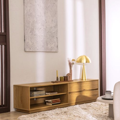 Since - Meuble TV 2 Tiroirs, 2 Niches En Bois L180cm - Bois Clair ...