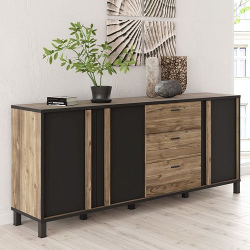 Buffet 200 Cm 3 Portes 3 Tiroirs Décor Bois Et Noir Mat - Celia ...
