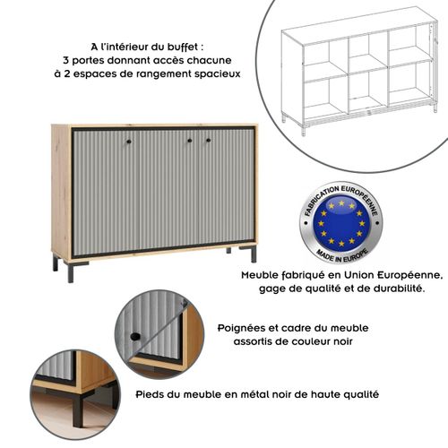 Parii Buffet 3 Portes 130x92 Cm En Bois Design Contemporain Gris Congo ...