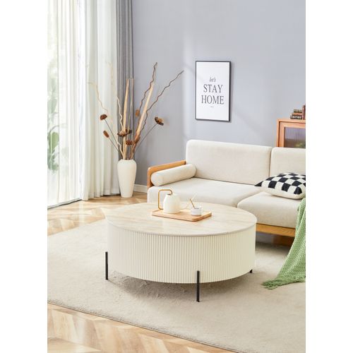 Table Basse Ruby – Céramique Effet Travertin – Pied Métal – Ø80 Cm ...