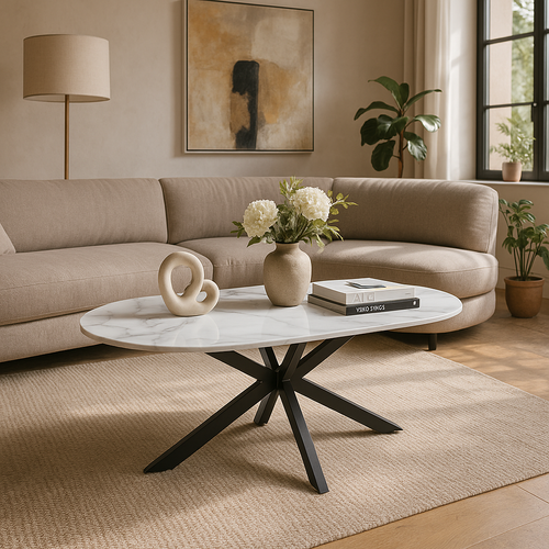 Table Basse 120x60 Céramique Effet Marbre Blanc Pieds Métal Noir Mat ...