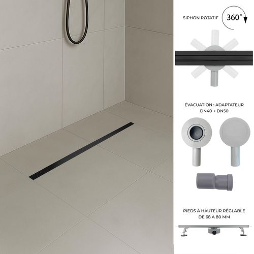Caniveau Douche Italienne Slim Noir L.70 Cm Siphon 360°, Débit 36l/min ...