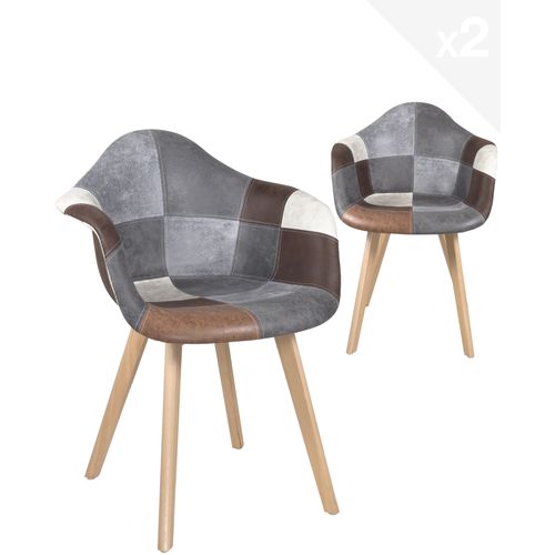 Lot 2 Chaises Scandinaves Accoudoirs Siège Patchwork Rembourré Pieds Bois Clair Neda (marron ...