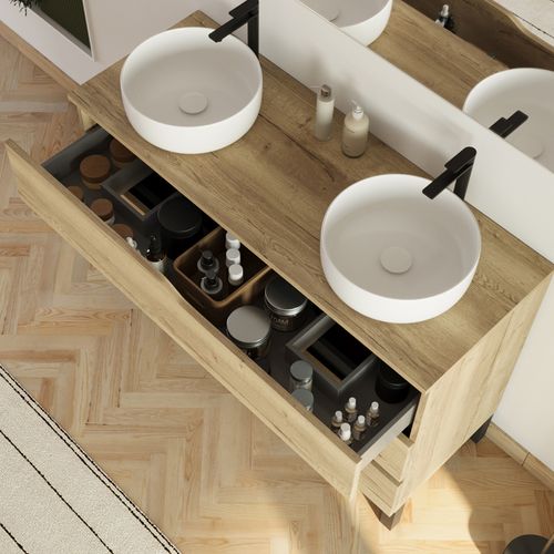Meuble De Salle De Bain 120cm Avec Plateau Et Vasques Ares - 3 Tiroirs ...