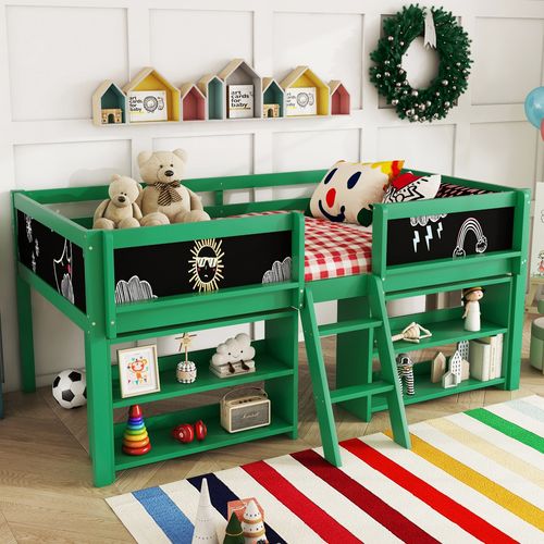 Lit Enfant 90x200cm En Bois Massif - Plusieurs Étagères - Vert - Lit ...