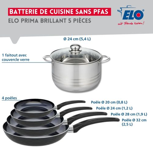Ensemble De 4 Poêles De Cuisson 20, 24, 28 Et 32 Cm Et 1 Faitout 24 Cm Elo Prima Brillant ...