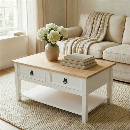 Table Basse Tequila Style Mexicain Avec 2 Tiroirs, En Pin Massif Blanc ...