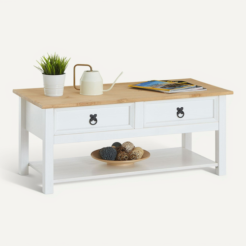 Table Basse Tequila Style Mexicain Avec 2 Tiroirs, En Pin Massif Blanc ...
