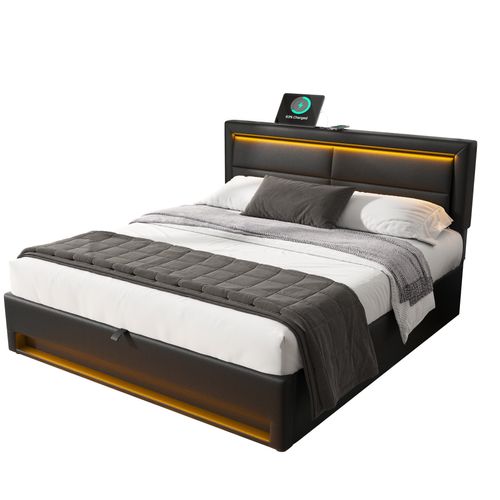 Lit Adulte Lit Coffre 160x200 Cm, Lit 2 Place Avec Port De Charge USB ...