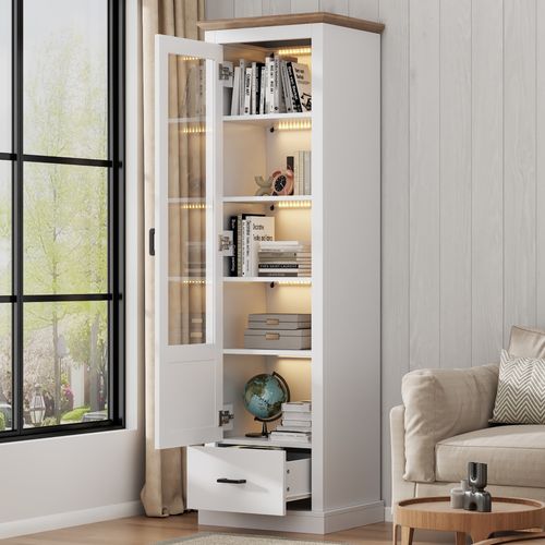 Vitrine LED 50x35x178 Cm, Tiroir, Porte, 4 Étagères, USB, Télécommande ...