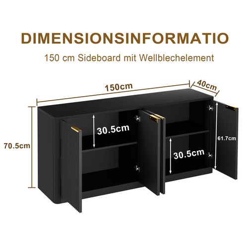 Buffet 150x40x70,5 Cm Avec 4 Portes, Design Moderne, En Mdf, Noir - BUT