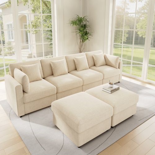 Canapé Modulable En Chenille Beige Avec 2 Poufs Et Têtières - Canapé BUT