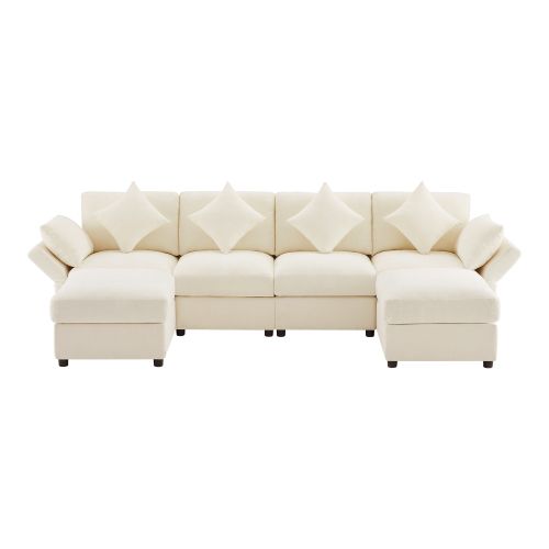 Canapé Modulable En Chenille Beige Avec 2 Poufs Et Têtières - Canapé BUT
