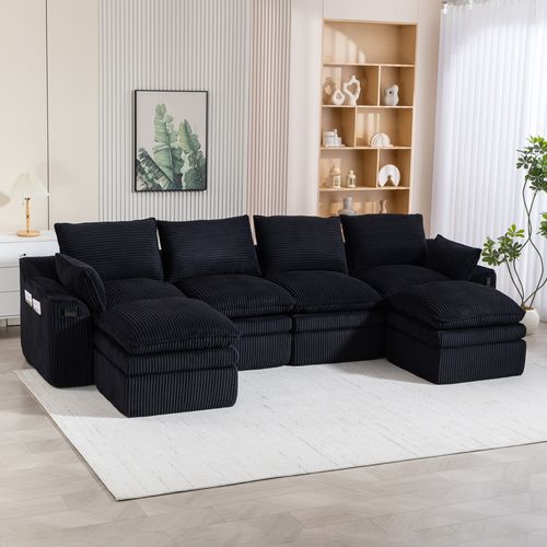 Canapé Modulable 4 Places En Velours Côtelé Avec 2 Poufs Et Poches ...