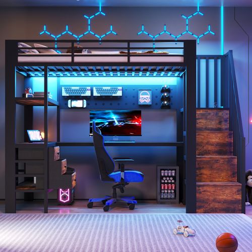 Lit Mezzanine 90x200 Cm, Lit Enfant Avec Bureau Et 3 Tiroirs, Avec LED ...