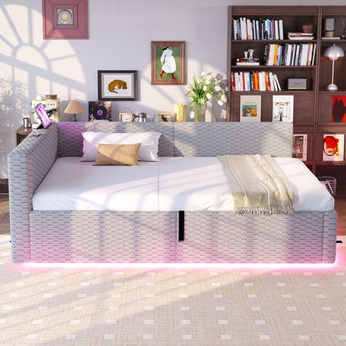 Lit Coffre 90x200 Cm, Lit Simple, LED, USB Et Type-c, Velours, Gris ...