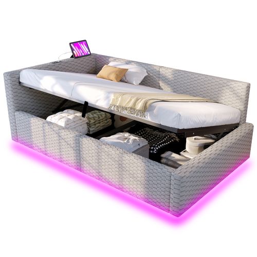Lit Coffre 90x200 Cm, Lit Simple, LED, USB Et Type-c, Velours, Gris ...