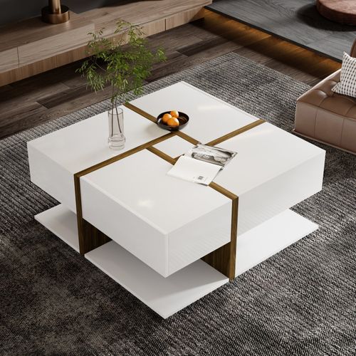 Table Basse Carrée Brillante 78x78x34,8 Cm, 4 Tiroirs, Design Moderne ...