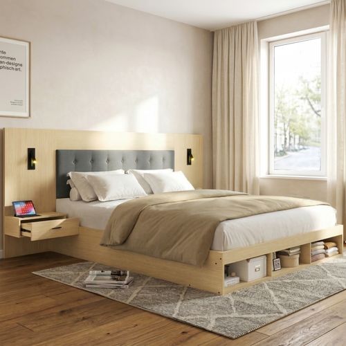 Lit Double Chêne Clair 180x200 Cm Avec Rangement Et Chevets - Lit BUT