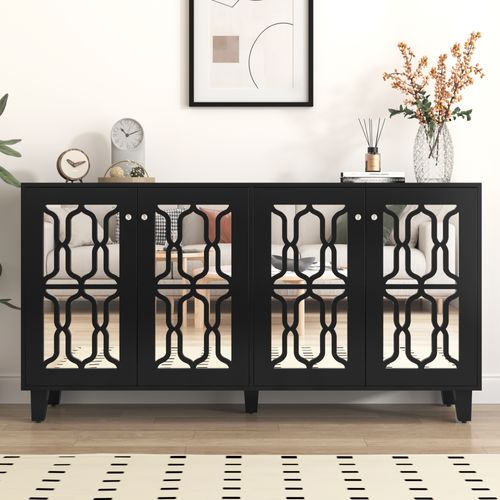 Buffet 160x40x84 Cm 4 Portes Surface Miroir Mdf Noir - Buffet BUT