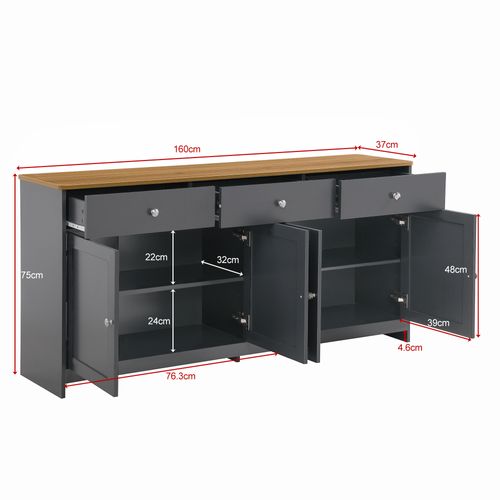Buffet 160x37x75 Cm 3 Tiroirs 4 Portes Réglables Mdf Gris Noir Et ...