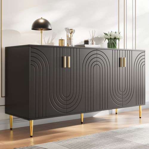 Buffet 152x40x75 Cm Façade Ondulée Rangement Mdf Noir - BUT