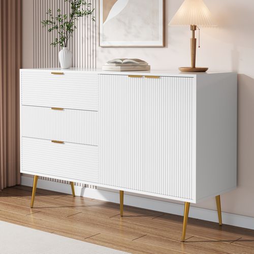 Buffet 120x38x80.5 Cm 3 Tiroirs 2 Portes Mdf Blanc Et Doré - Buffet BUT