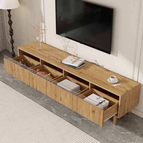 Meuble TV 178x35x45 Cm 4 Tiroirs, Passe Câbles Mdf Couleur Naturelle ...