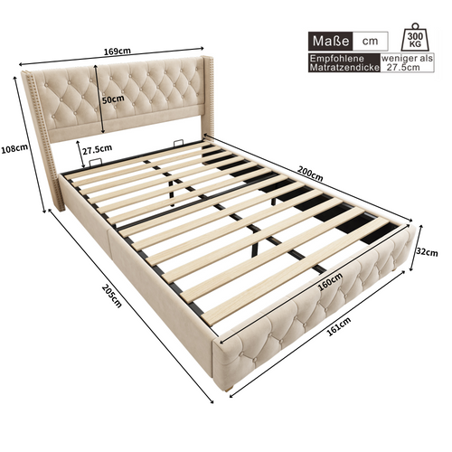 Lit Adulte Double 160x200cm,tête De Lit Capitonnée, Pieds En Bois ...