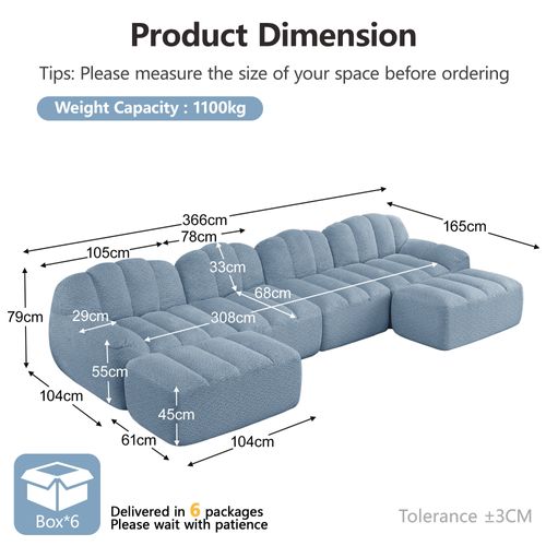 Canapé Modulable 4 Places En Fleece Granulé, Avec 2 Ottomans Et Assise ...