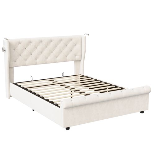 Lit Double Capitonné 140 X 190 Cm Avec Rangement Et Éclairage LED ...