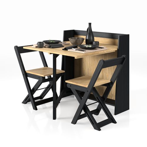 Table rabattable + 2 chaises pliantes GILLY bois massif/noir - Ensemble ...