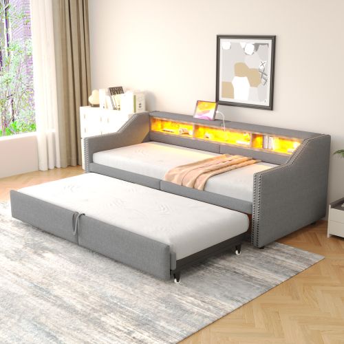Lit Rembourré-lit Gigogne 90/180 X 200 Cm-rangement Multifonctionnel-led Et Port USB-gris Clair ...